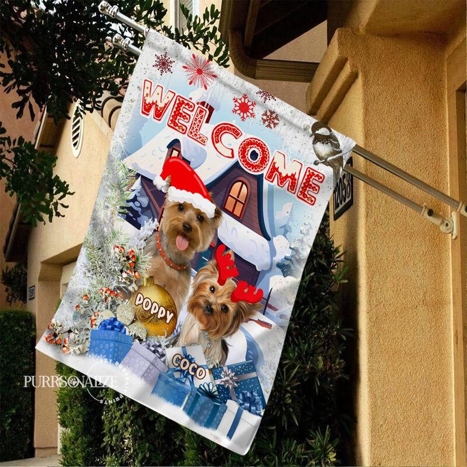 Personalized Christmas Pet Flag, Custom Welcome Snowflake Present Flag ...
