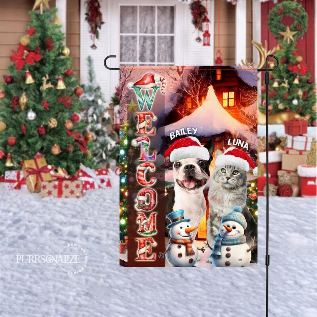 Personalized Christmas Pet Flag, Custom Welcome Dog Cat Christmas Flag ...