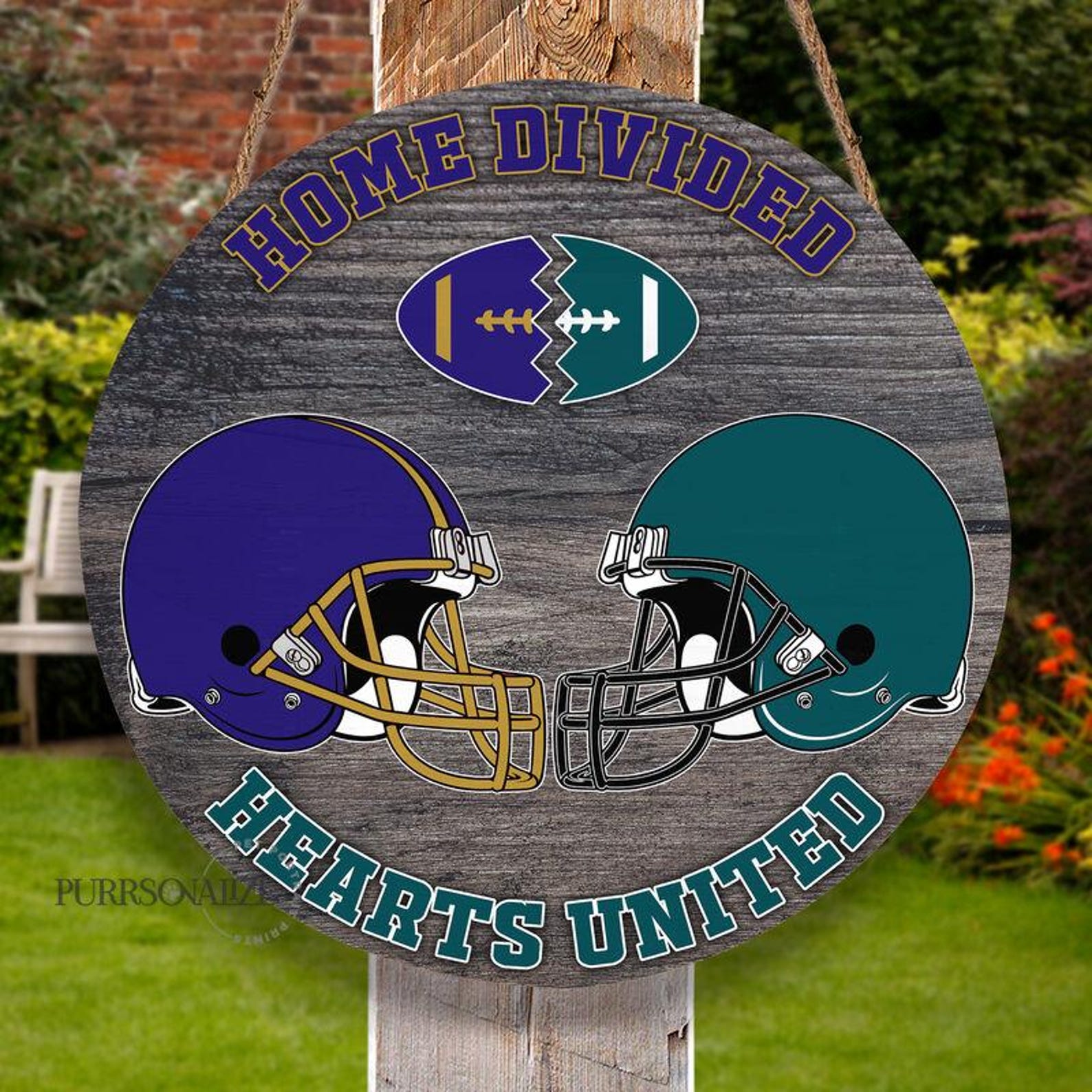 Custom Football House Divided Hearts United Door Hanger, Football Round ...