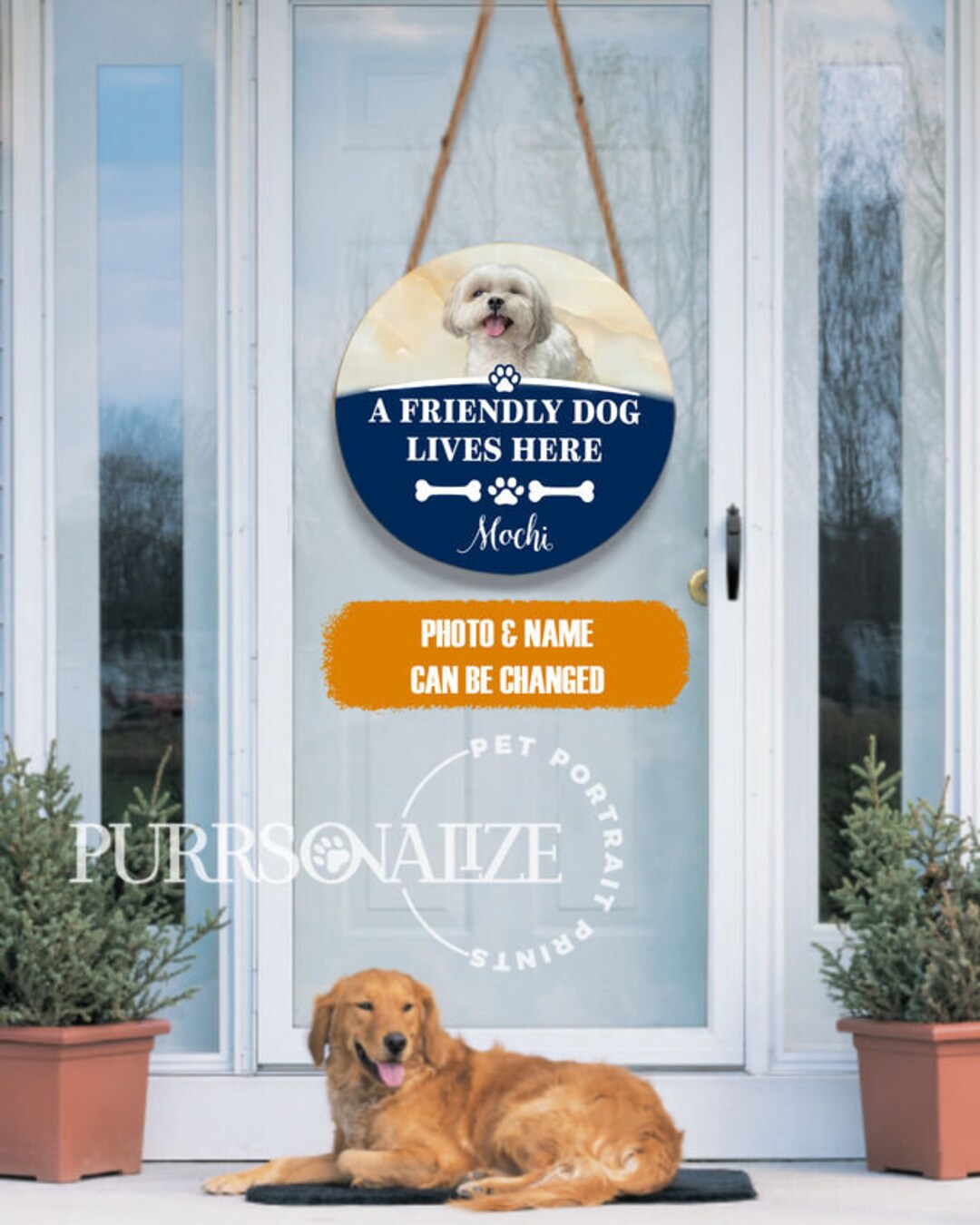 Custom Photo Pet Round Wood Sign, A Friendly Dog Lives Here Dog Cat ...