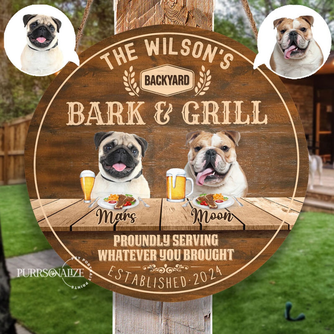 Personalized Pet Door Sign, Custom Bark & Grill Round Wood Sign, Custom ...