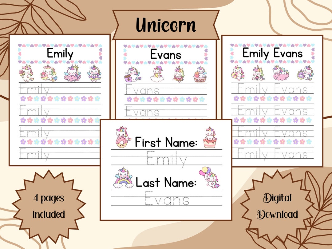Unicorn Custom Personalized Name Tracing Printable Worksheet Bundle Set ...