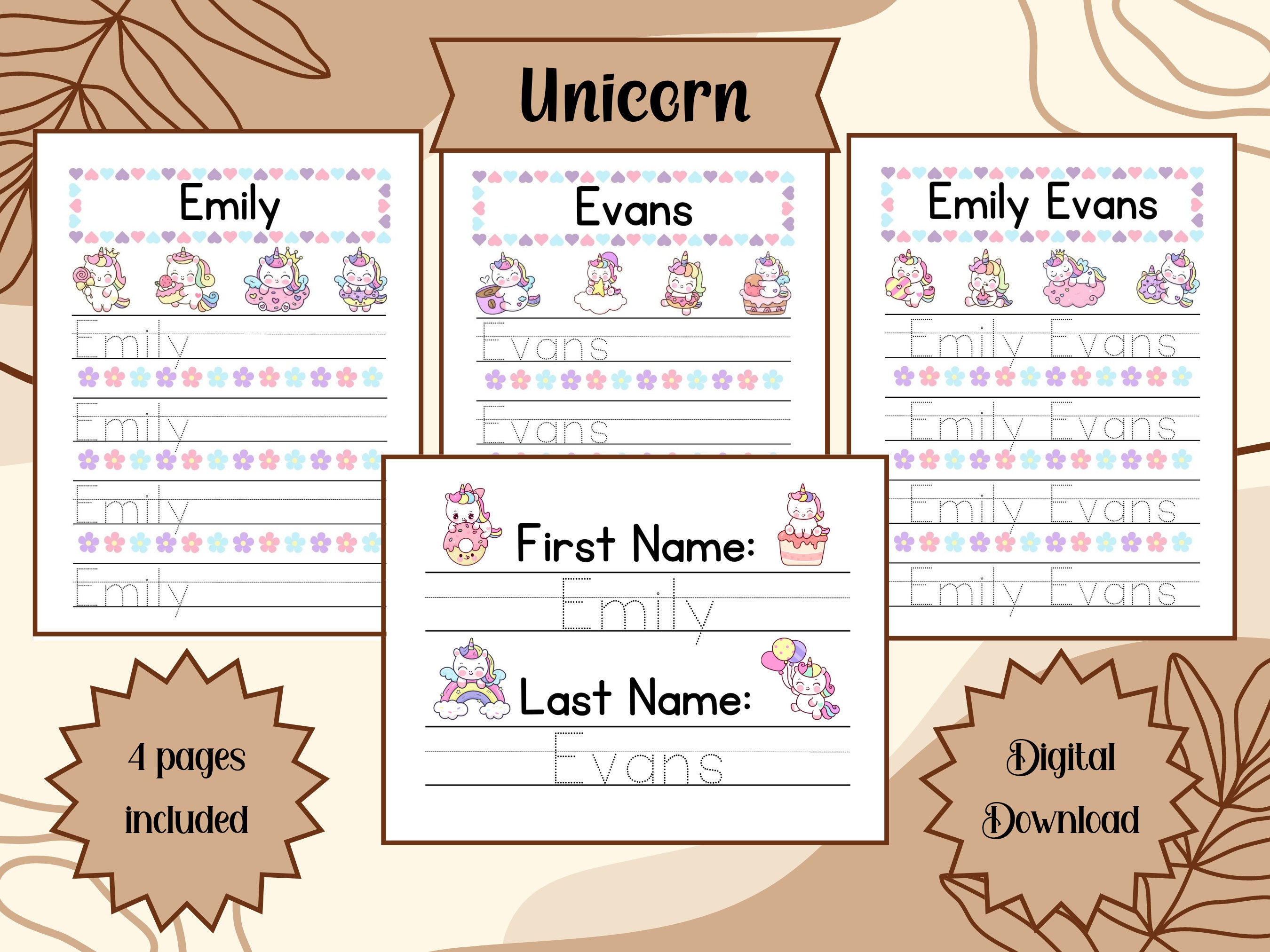 Unicorn Custom Personalized Name Tracing Printable Worksheet Bundle Set ...
