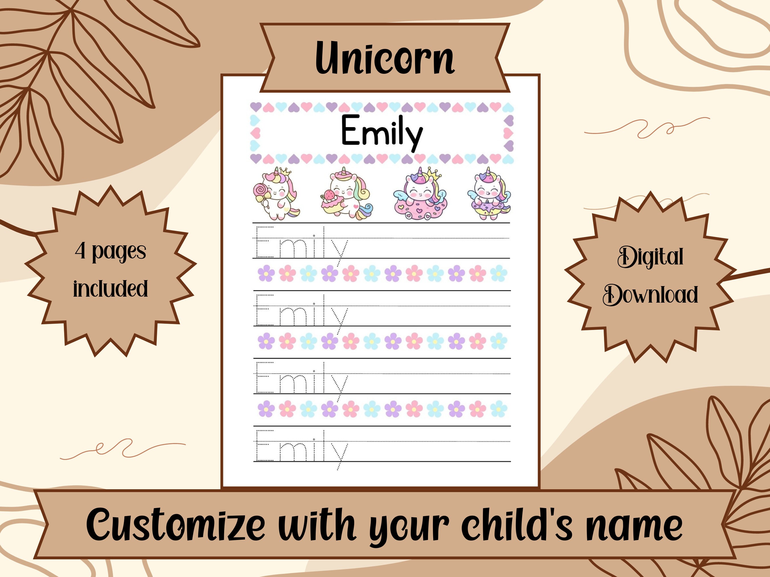 Unicorn Custom Personalized Name Tracing Printable Worksheet Bundle Set ...