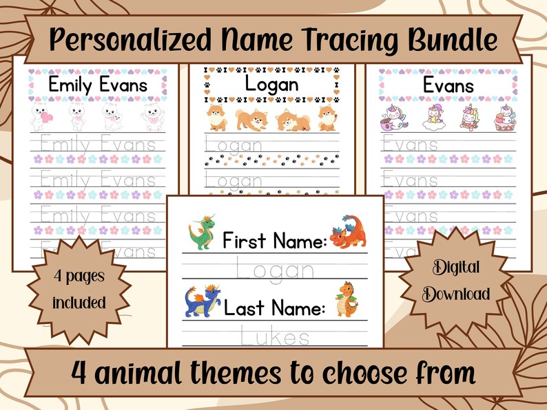 Custom Personalized Name Tracing Printable Worksheet Bundle Set ...