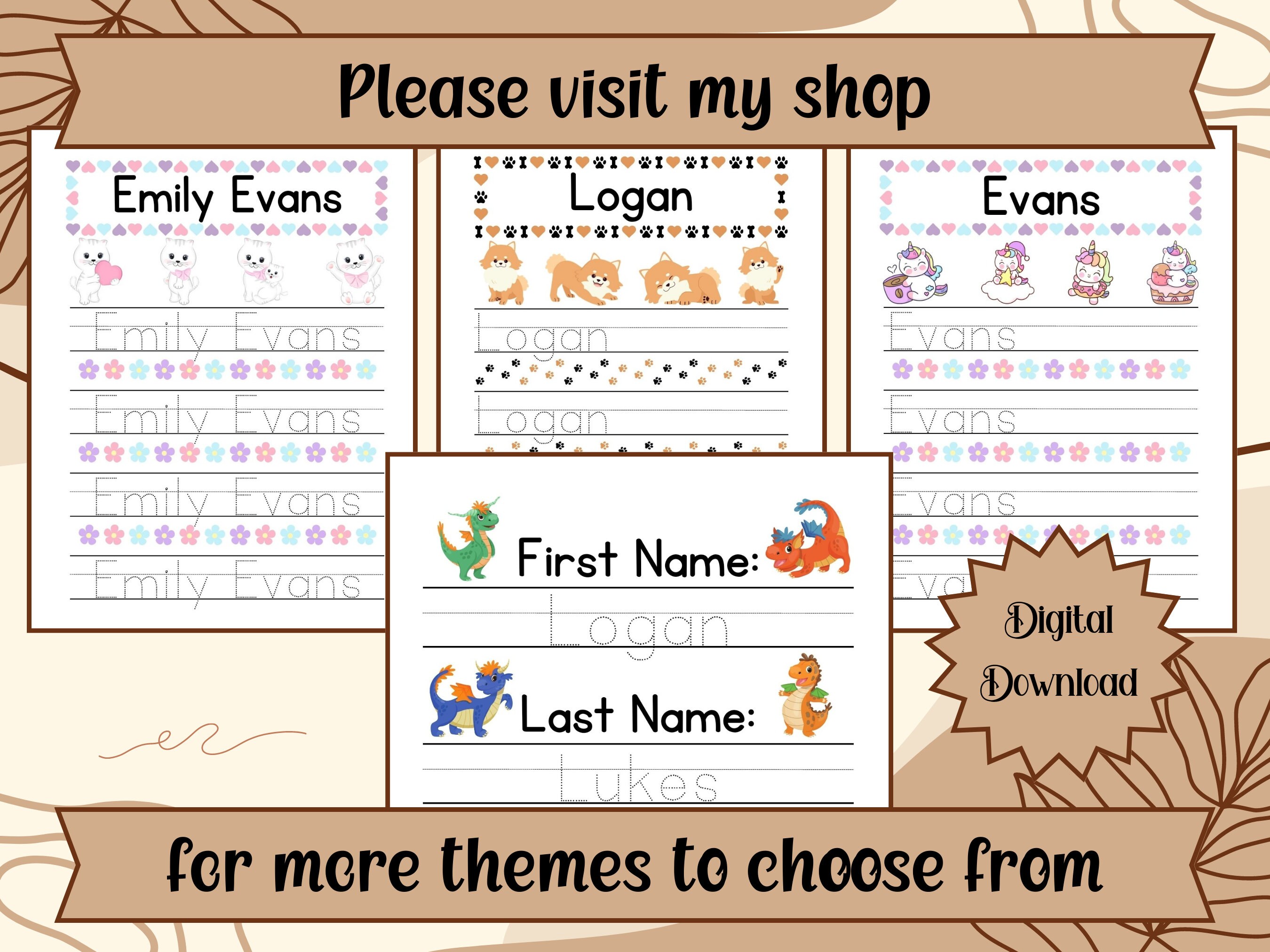 Unicorn Custom Personalized Name Tracing Printable Worksheet Bundle Set ...