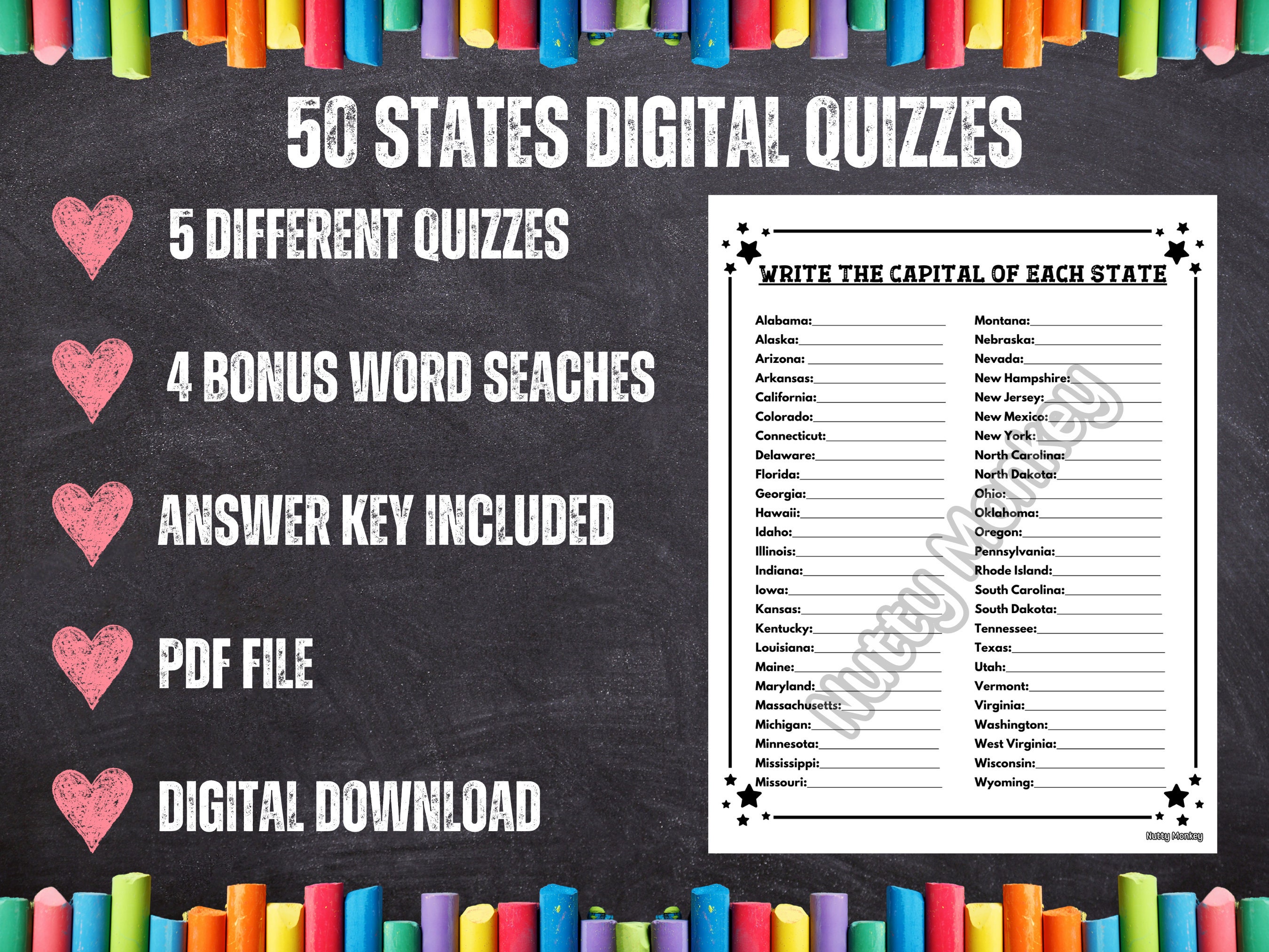 50 States Quiz Test Worksheet -US -USA- Geography - Social Studies ...