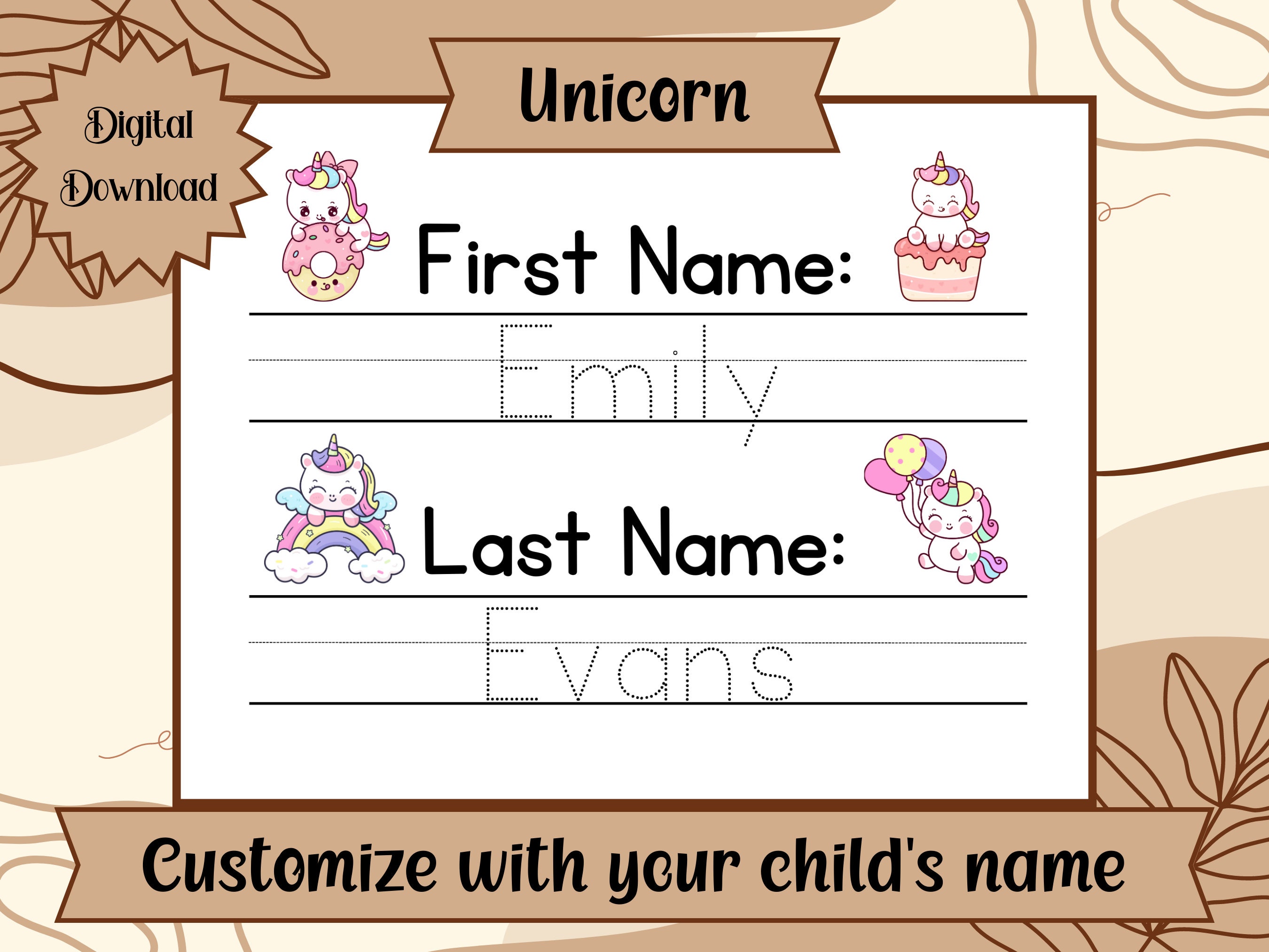 Unicorn Custom Personalized Name Tracing Printable Worksheet Bundle Set ...