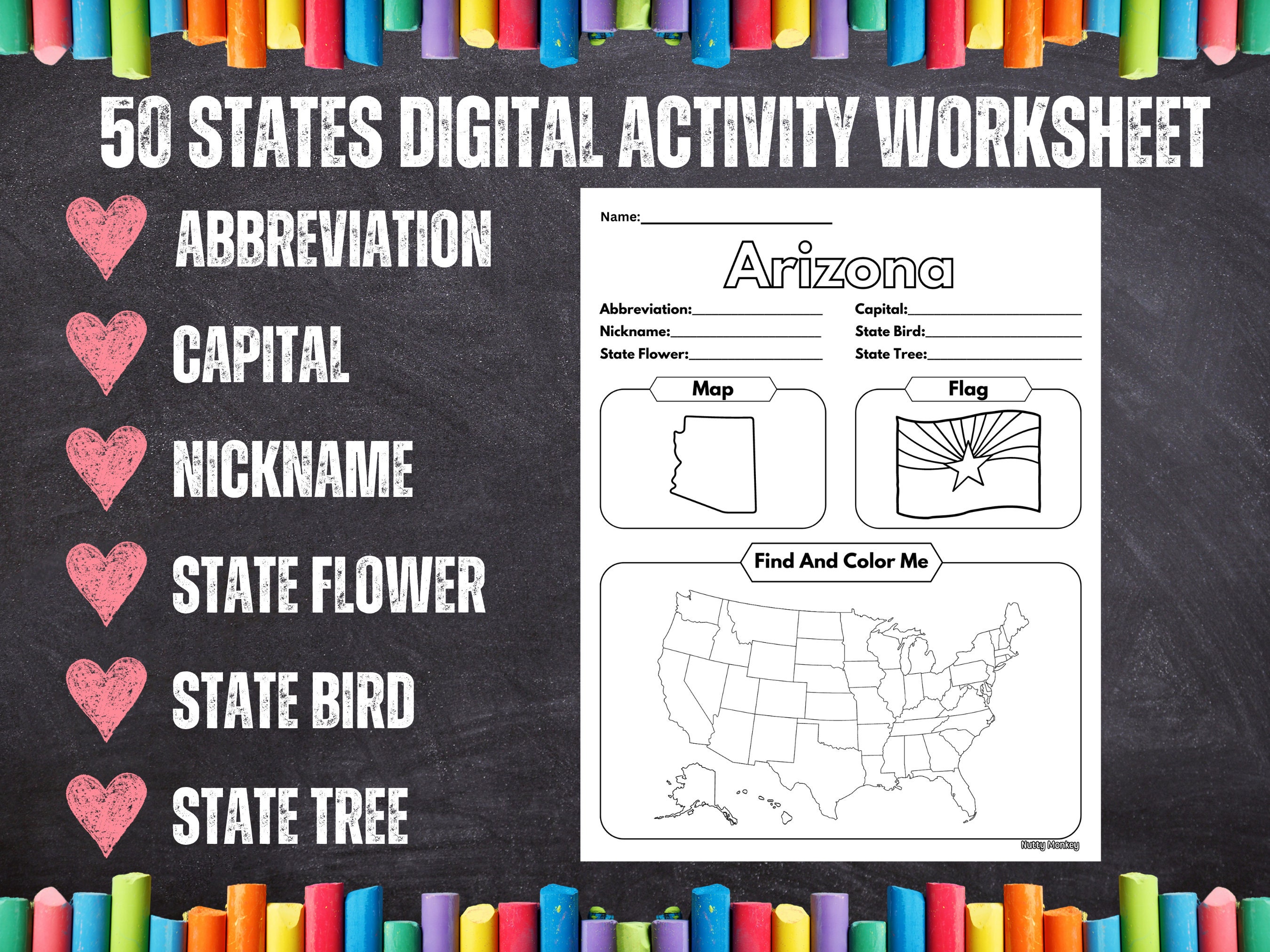 50 U.S. States Research Activity Worksheet Geography Social Studies ...