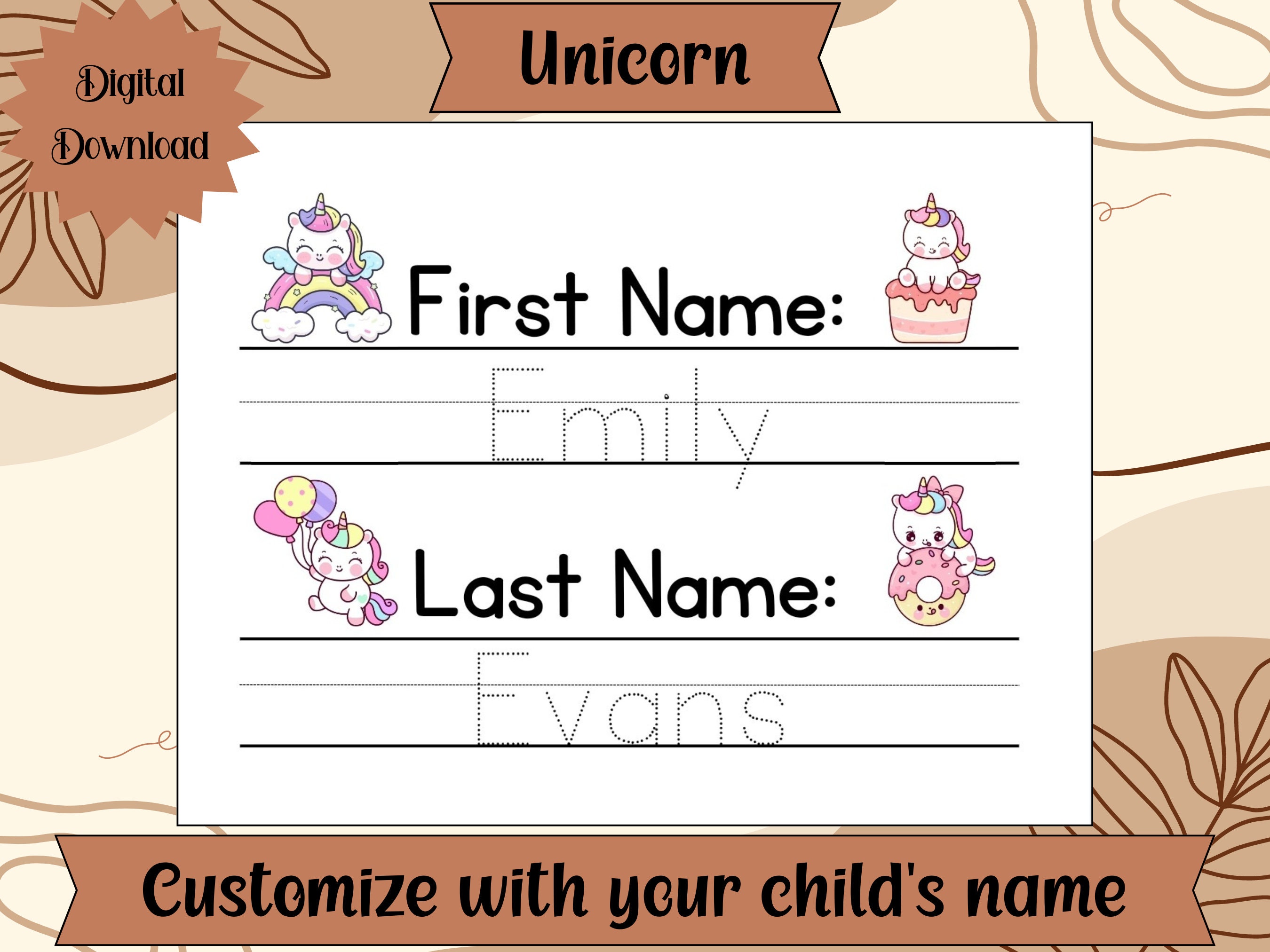 Unicorn Personalized Name Tracing Sheet Printable Practice - Etsy