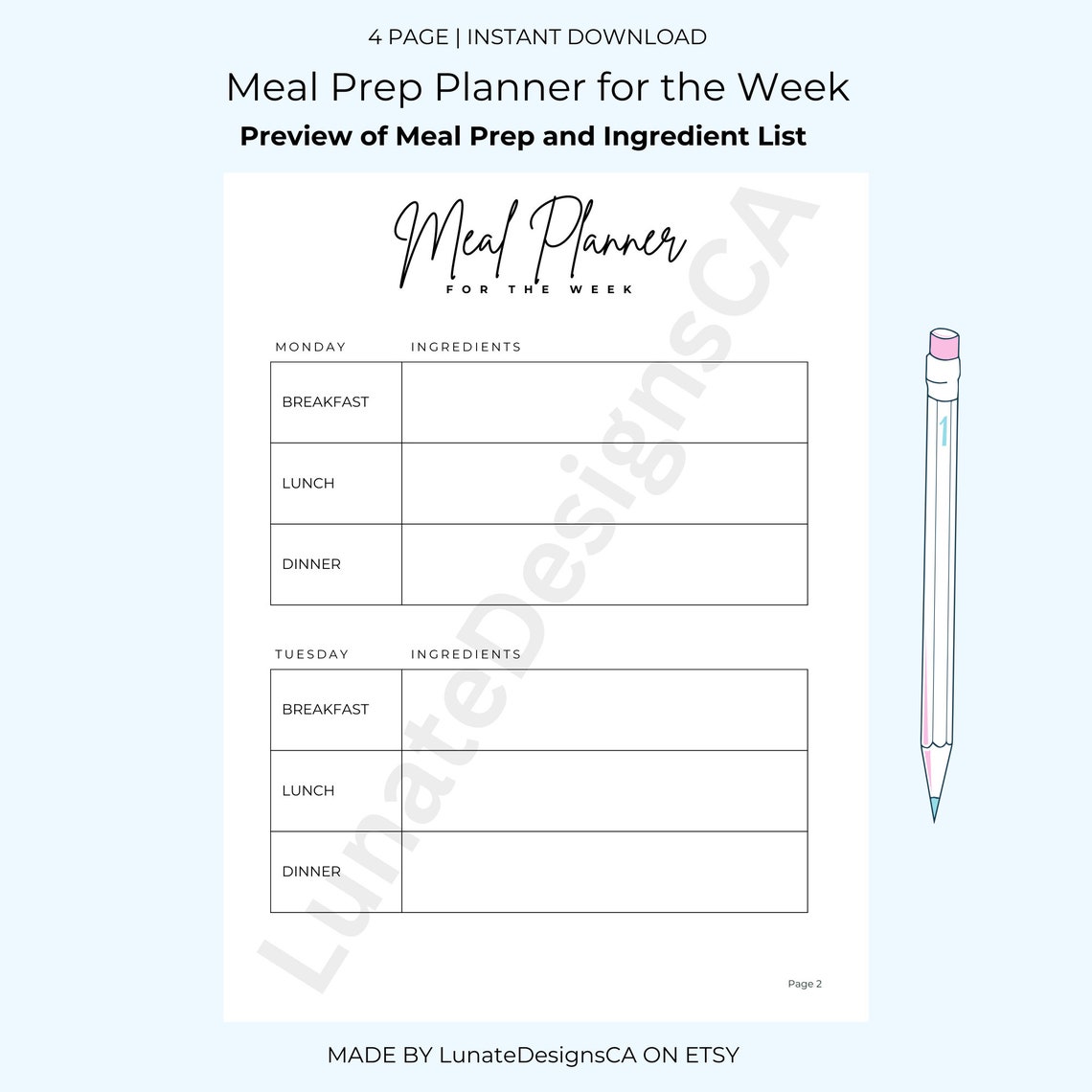 Meal Prep Planner Template, Weekly Meal Prep Planner With Room for ...