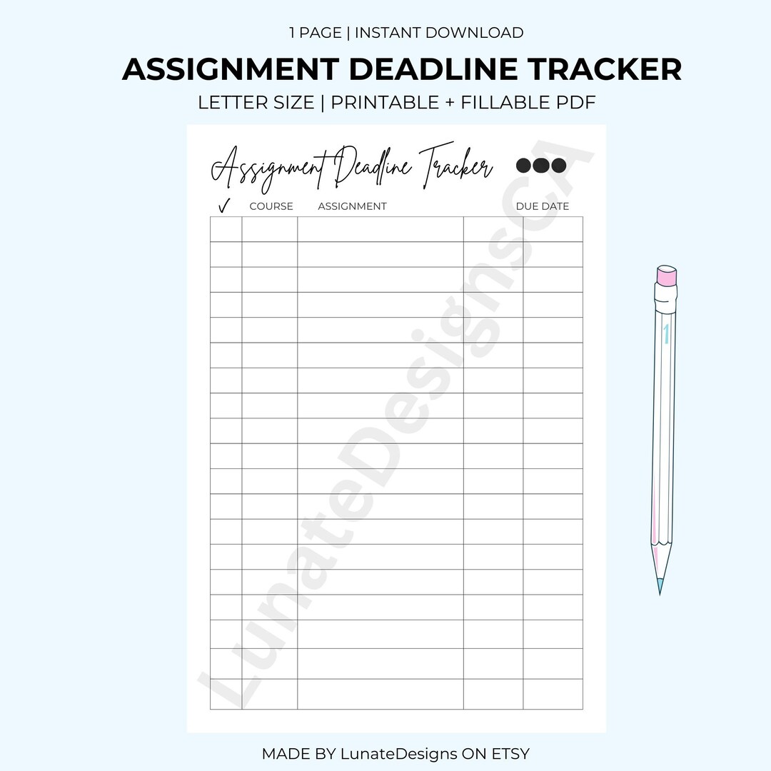 Assignment Deadline Tracker – Printable Fillable PDF, Minimalist ...