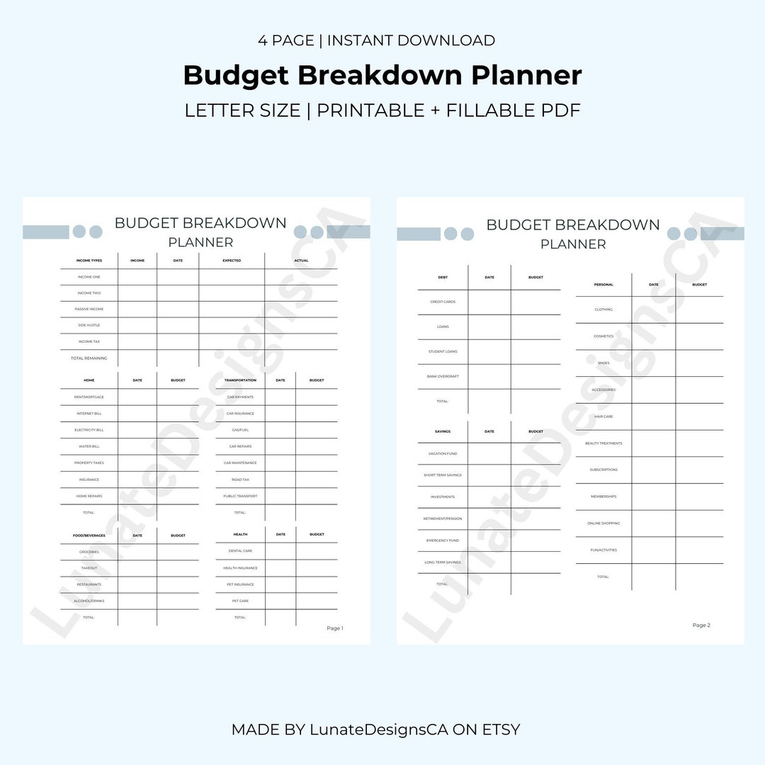 Budget Breakdown Planner, Digital PDF Budgeting, Printable/editable ...