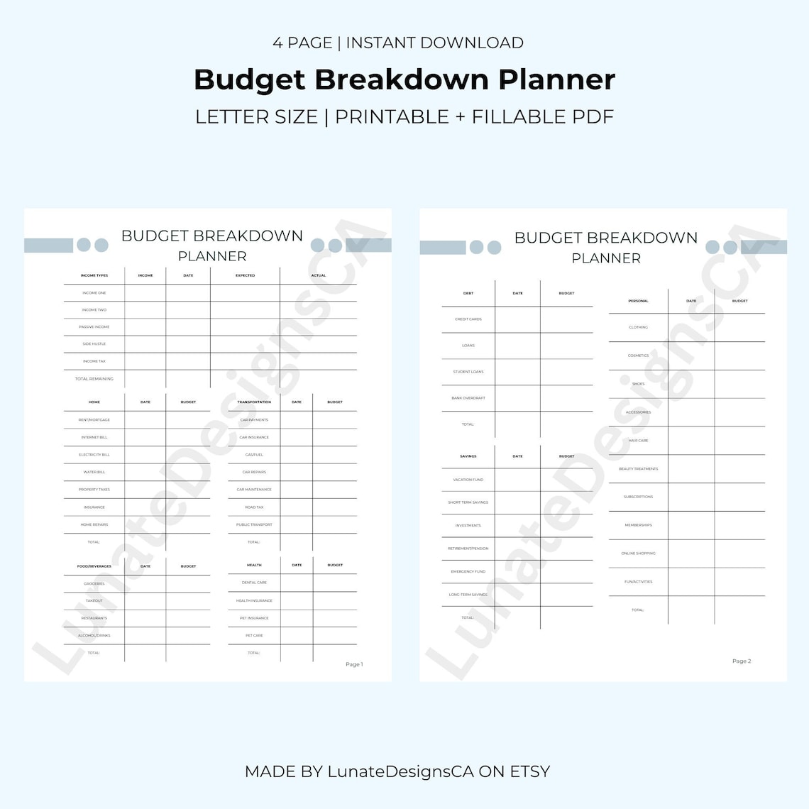 Budget Breakdown Planner, Digital PDF Budgeting, Printable/editable ...