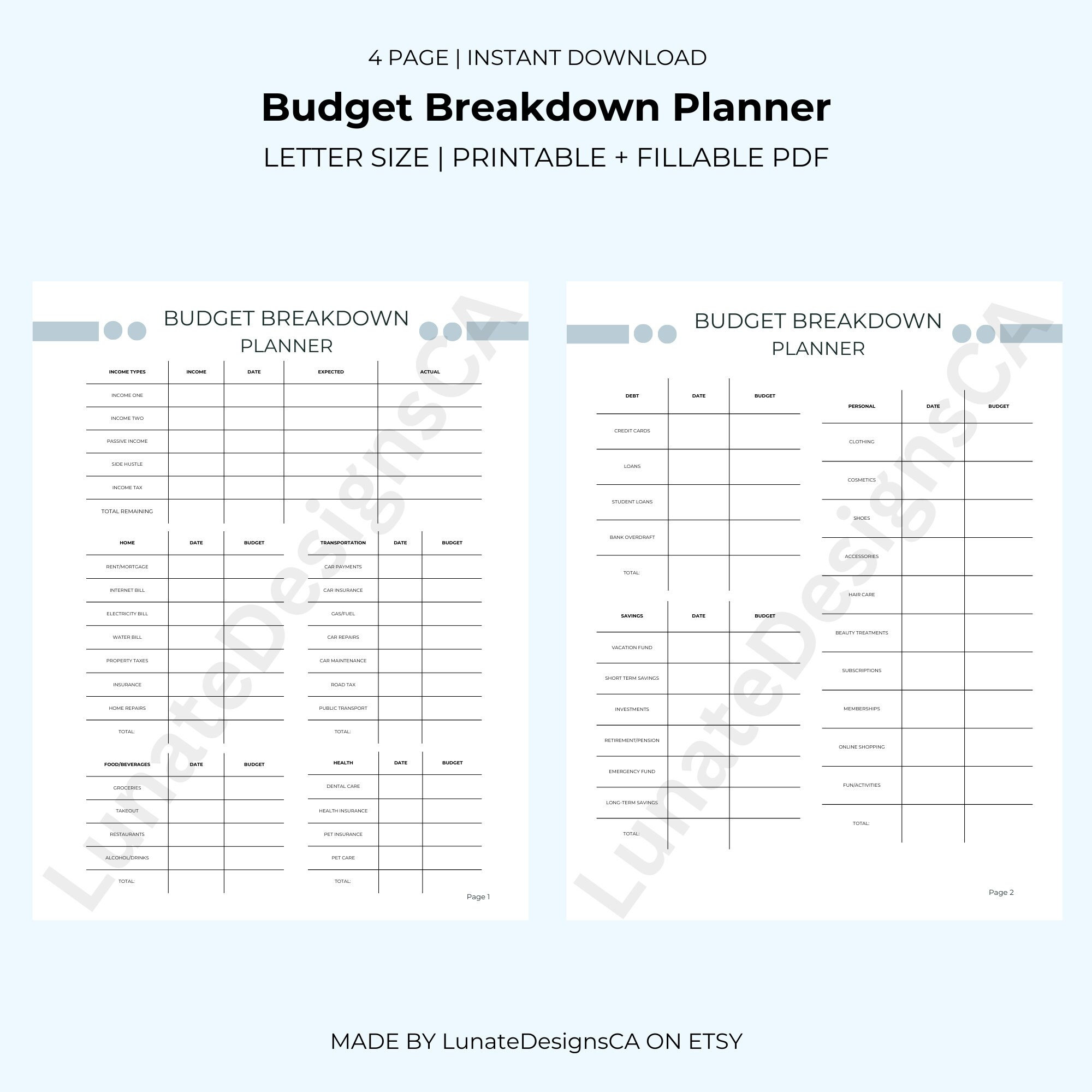 Budget Breakdown Planner, Digital PDF Budgeting, Printable/editable ...