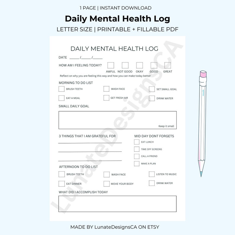 Mental Health Log, Daily Mental Health Tracker, Easy and Simple Layout ...