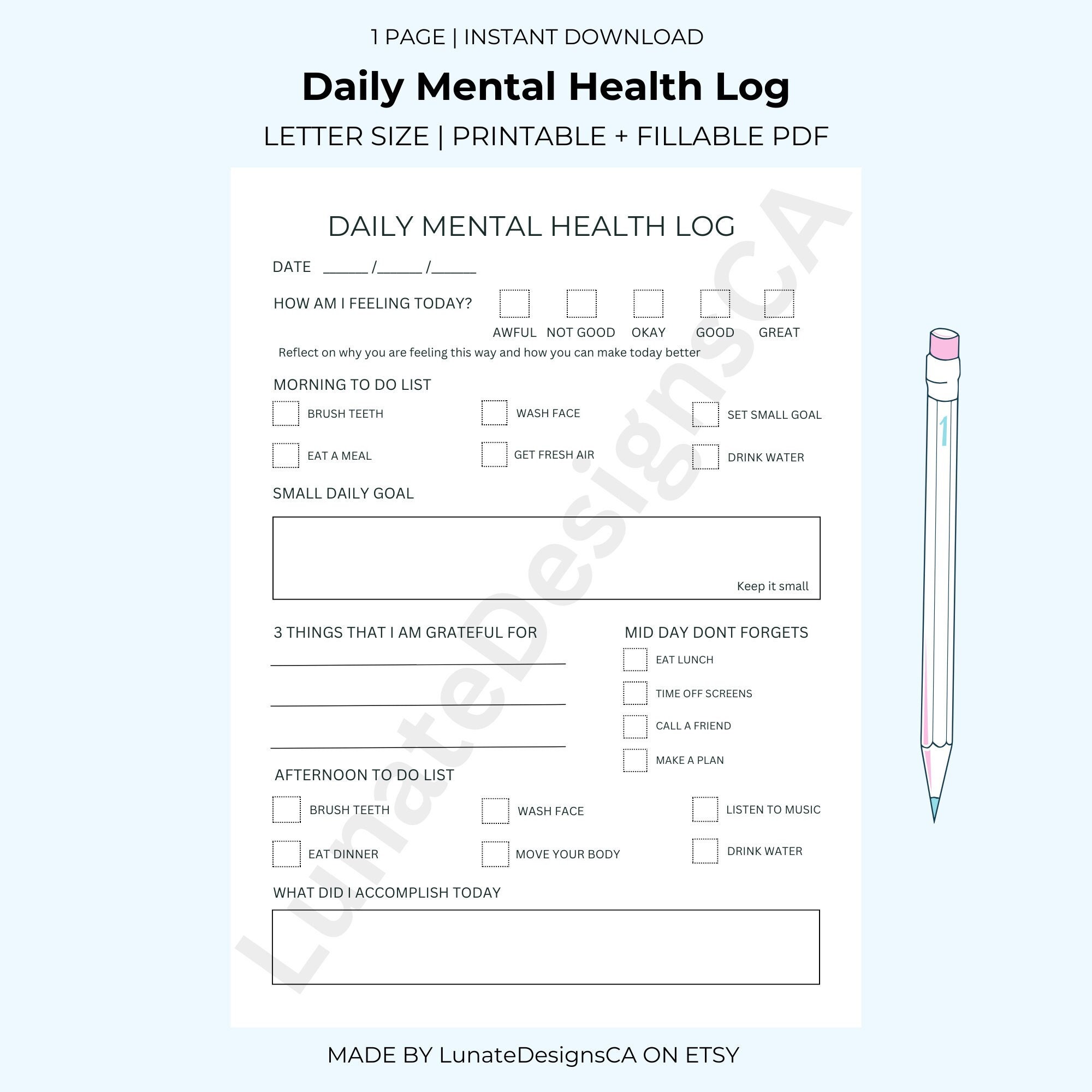Mental Health Log, Daily Mental Health Tracker, Easy and Simple Layout ...
