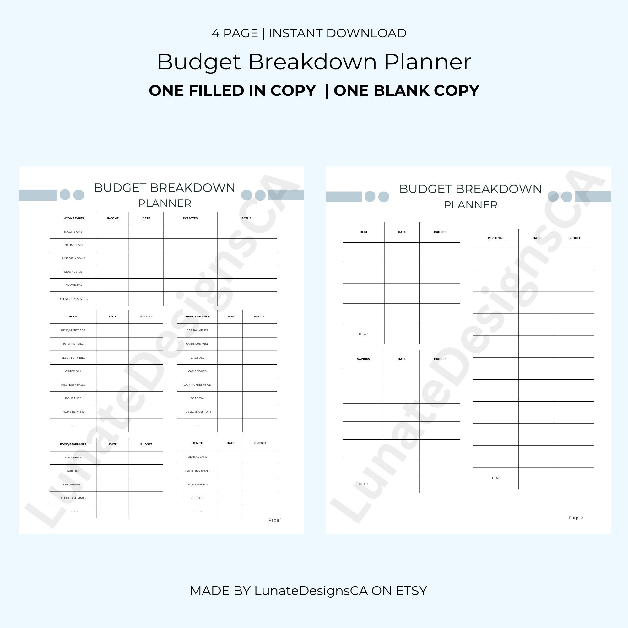 Budget Breakdown Planner, Digital PDF Budgeting, Printable/editable ...