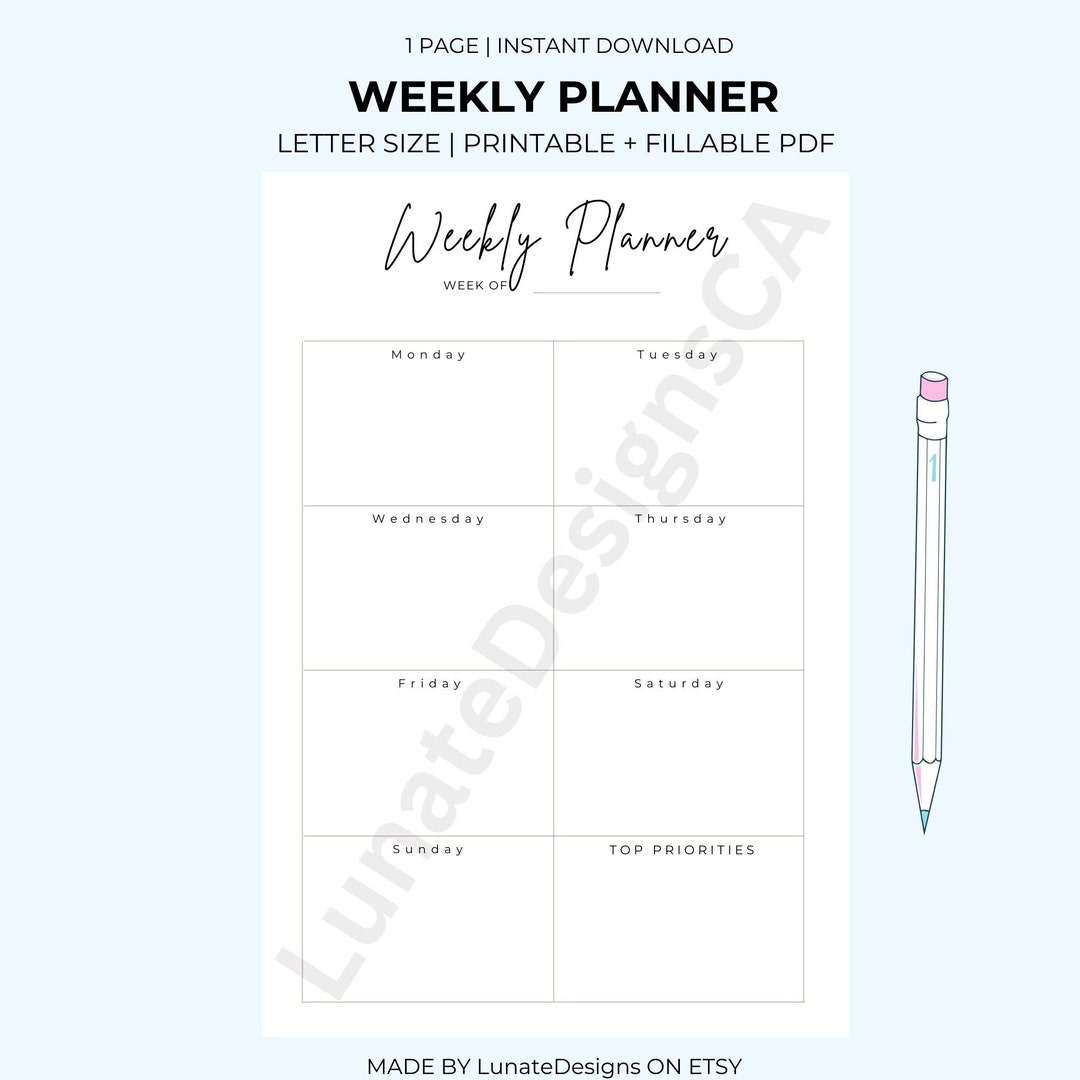 Student Weekly Planner, Personal Weekly Planner, Work From Home Weekly ...