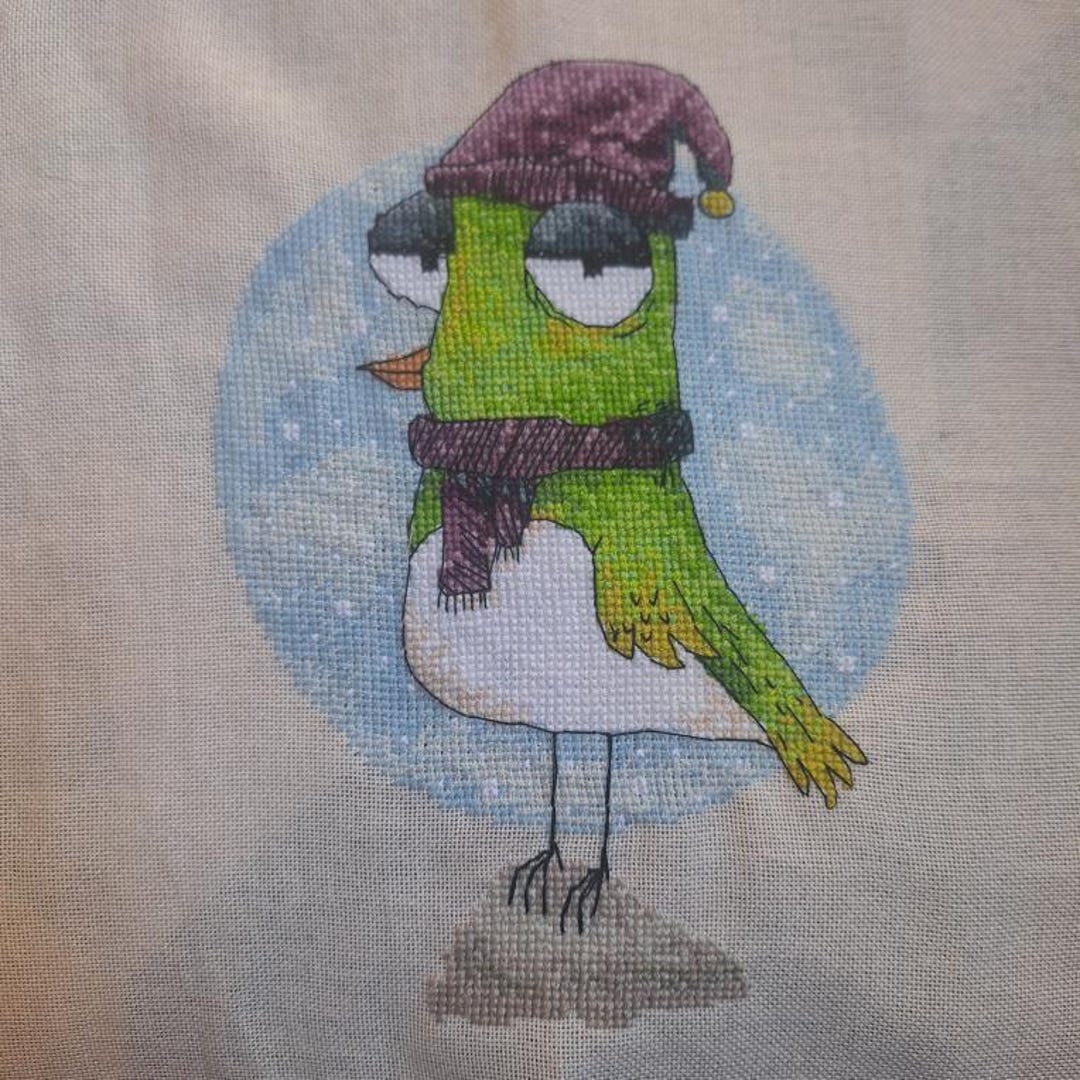 Green Bird Cross Stitch Pattern - Bird With Purple Scarf & Hat - DMC ...