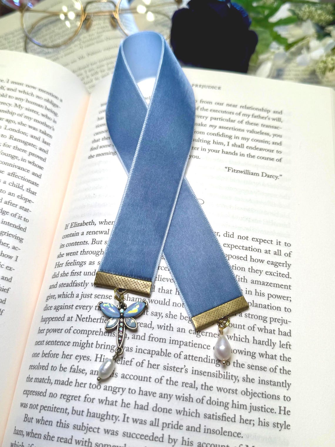 Blue Velvet Ribbon Bookmark | Regency Inspired Gift | Dragonfly ...