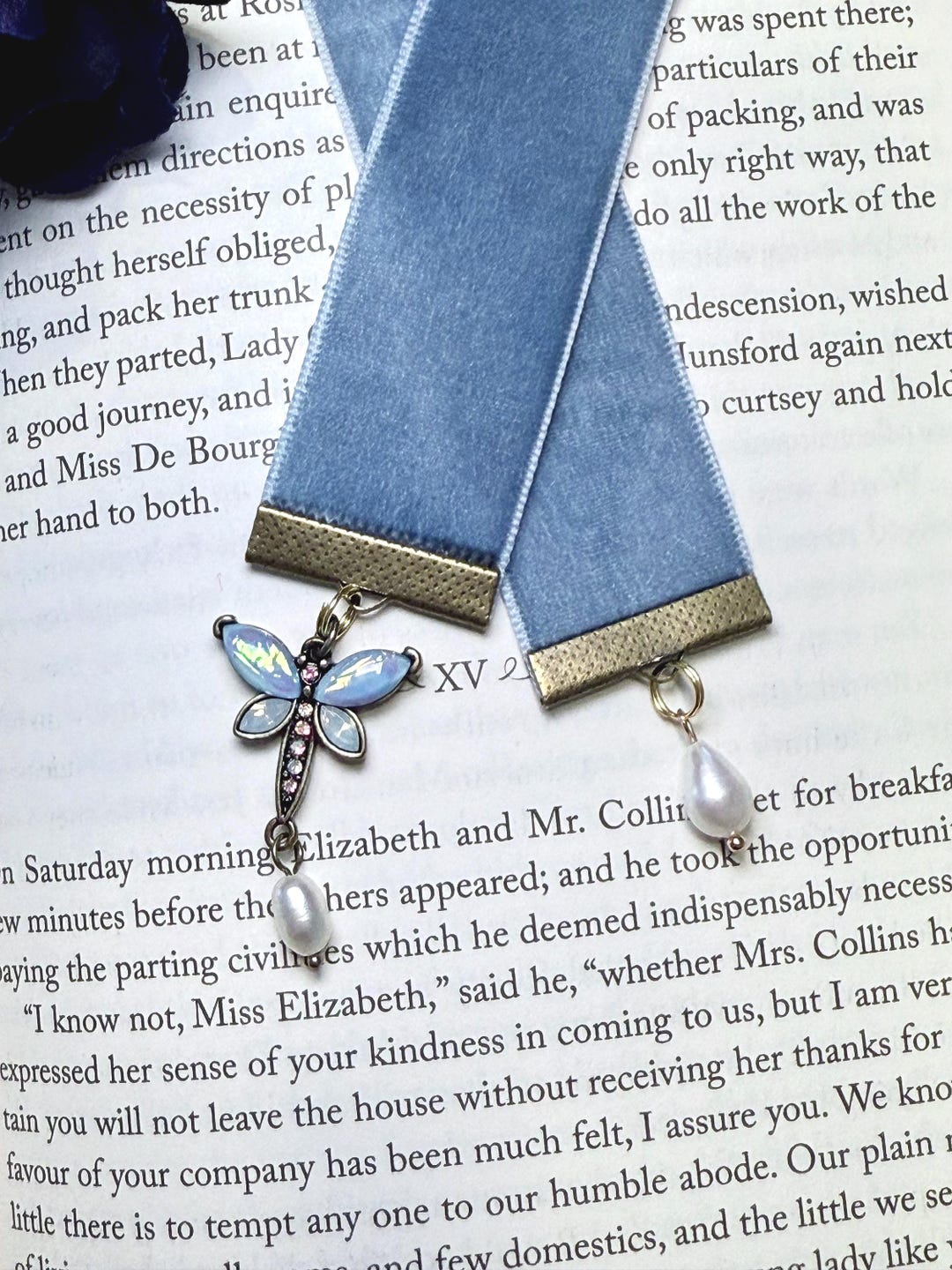Blue Velvet Ribbon Bookmark | Regency Inspired Gift | Dragonfly ...