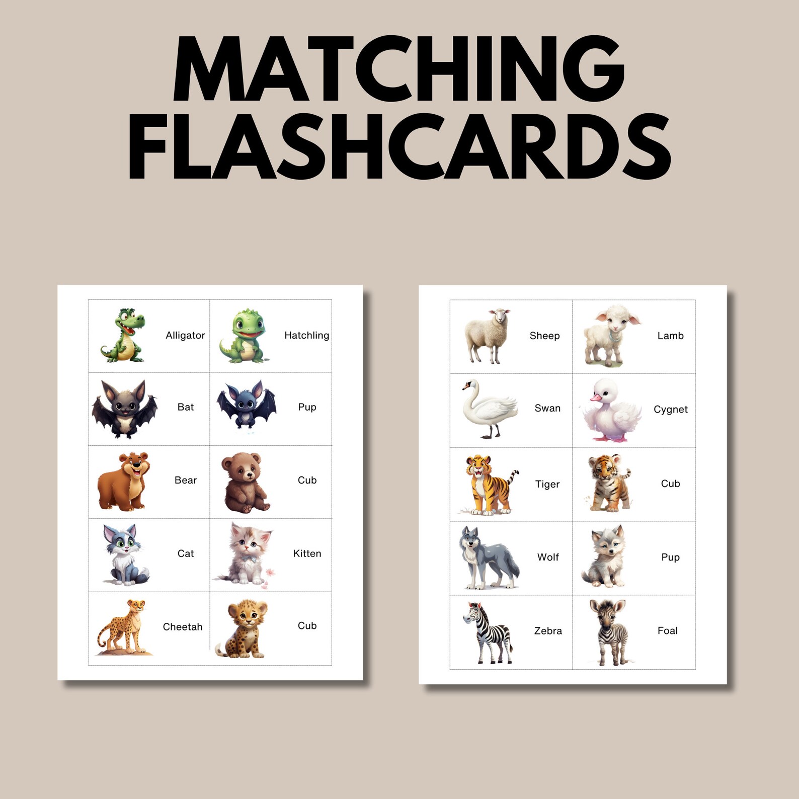 Baby Animal Matching Cards for Kids With Digital Animal Printable ...
