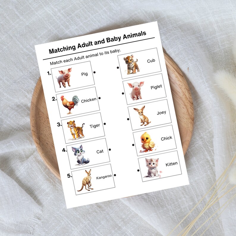 Baby Animal Matching Worksheet for Kids With Digital Animal Printable ...