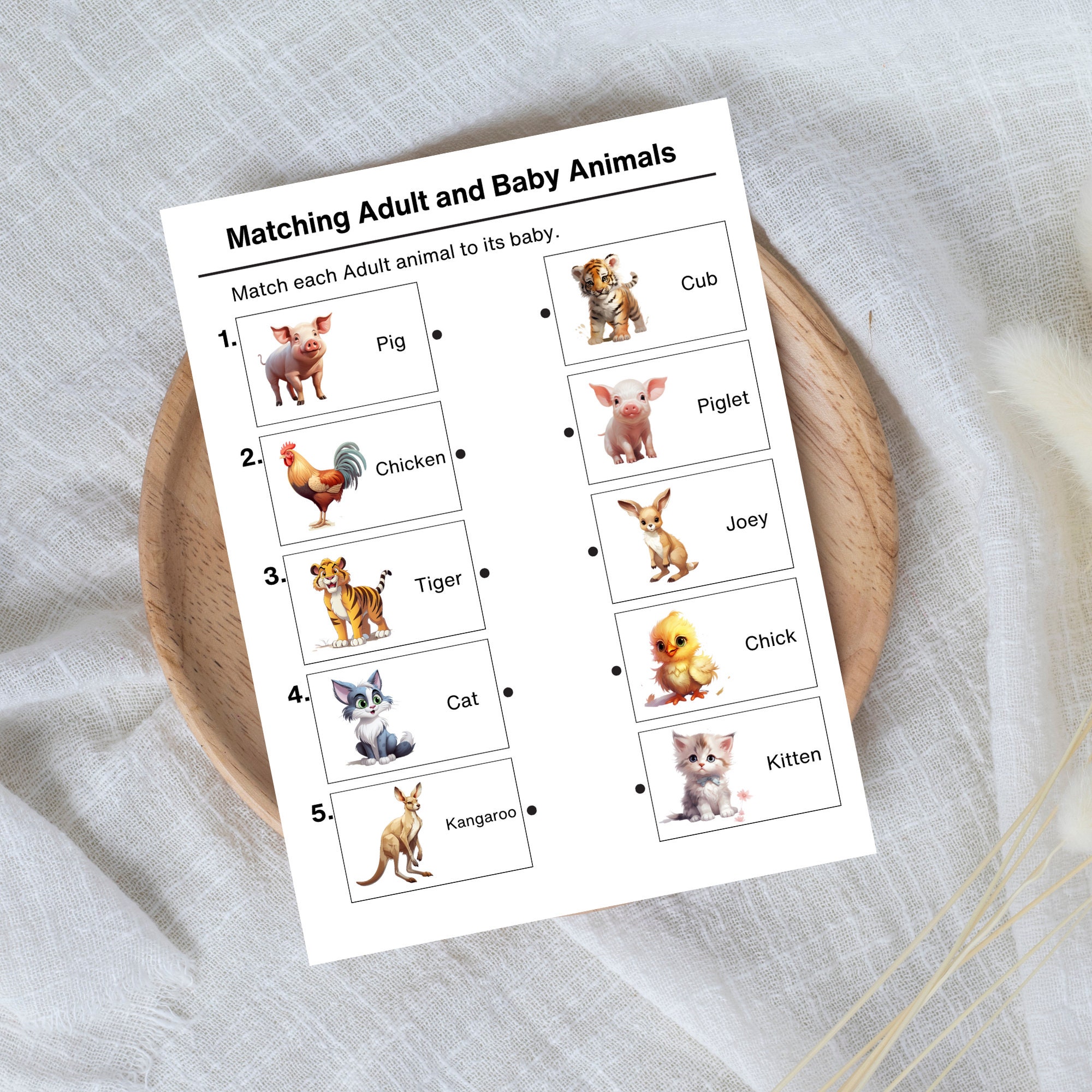 Baby Animal Matching Worksheet for Kids With Digital Animal Printable ...