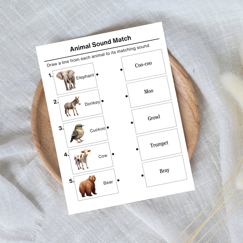 Animal Sound Matching Worksheet for Kids With Digital Animal Printable ...