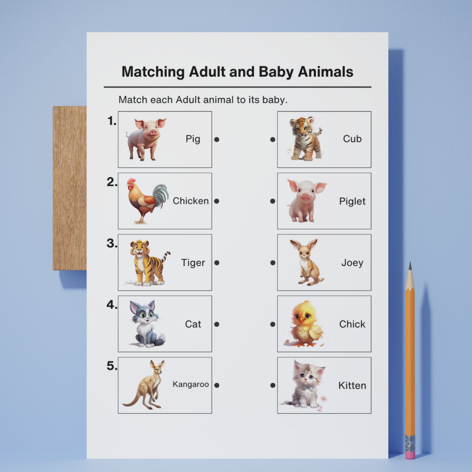 Baby Animal Matching Worksheet for Kids With Digital Animal Printable ...