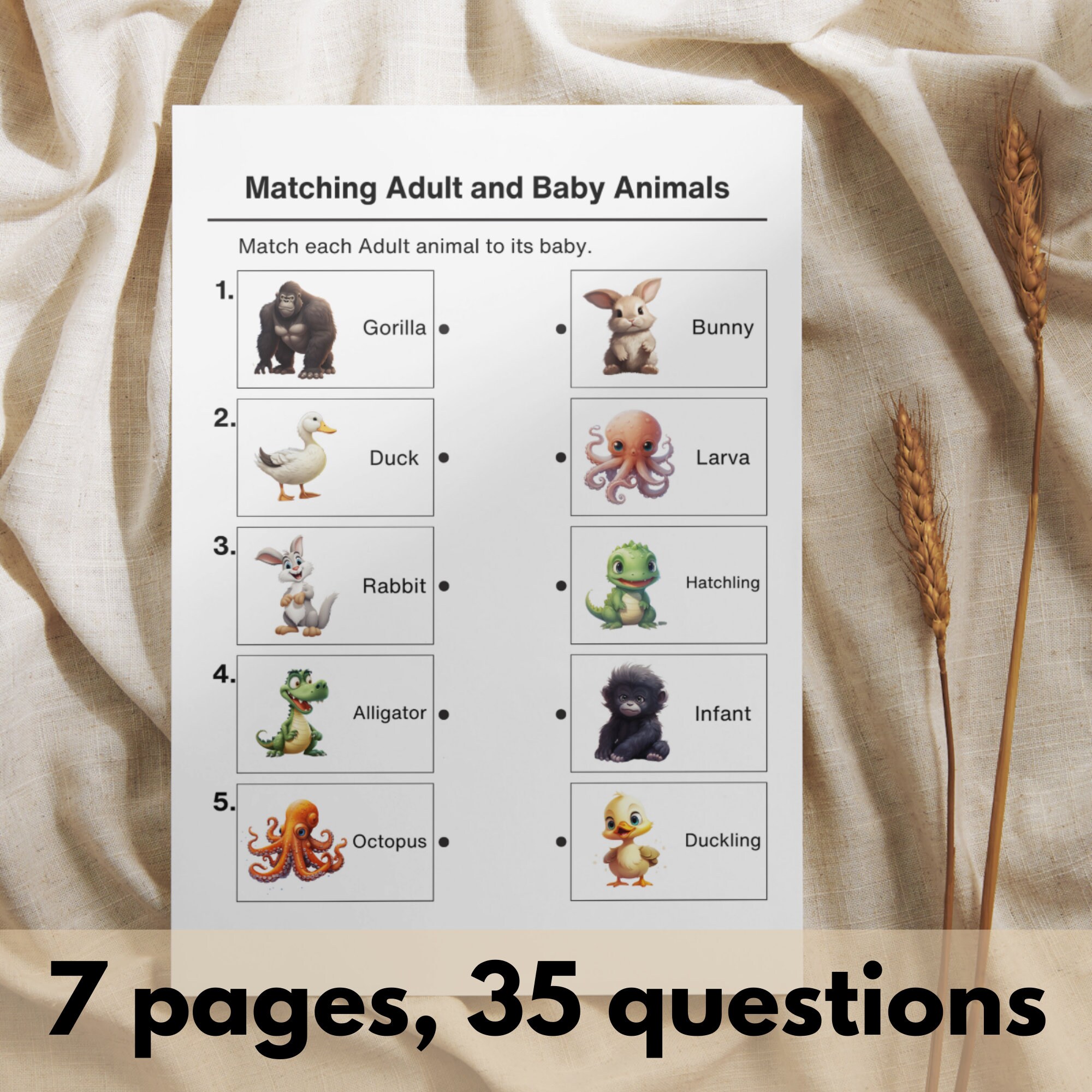 Baby Animal Matching Worksheet for Kids With Digital Animal Printable ...
