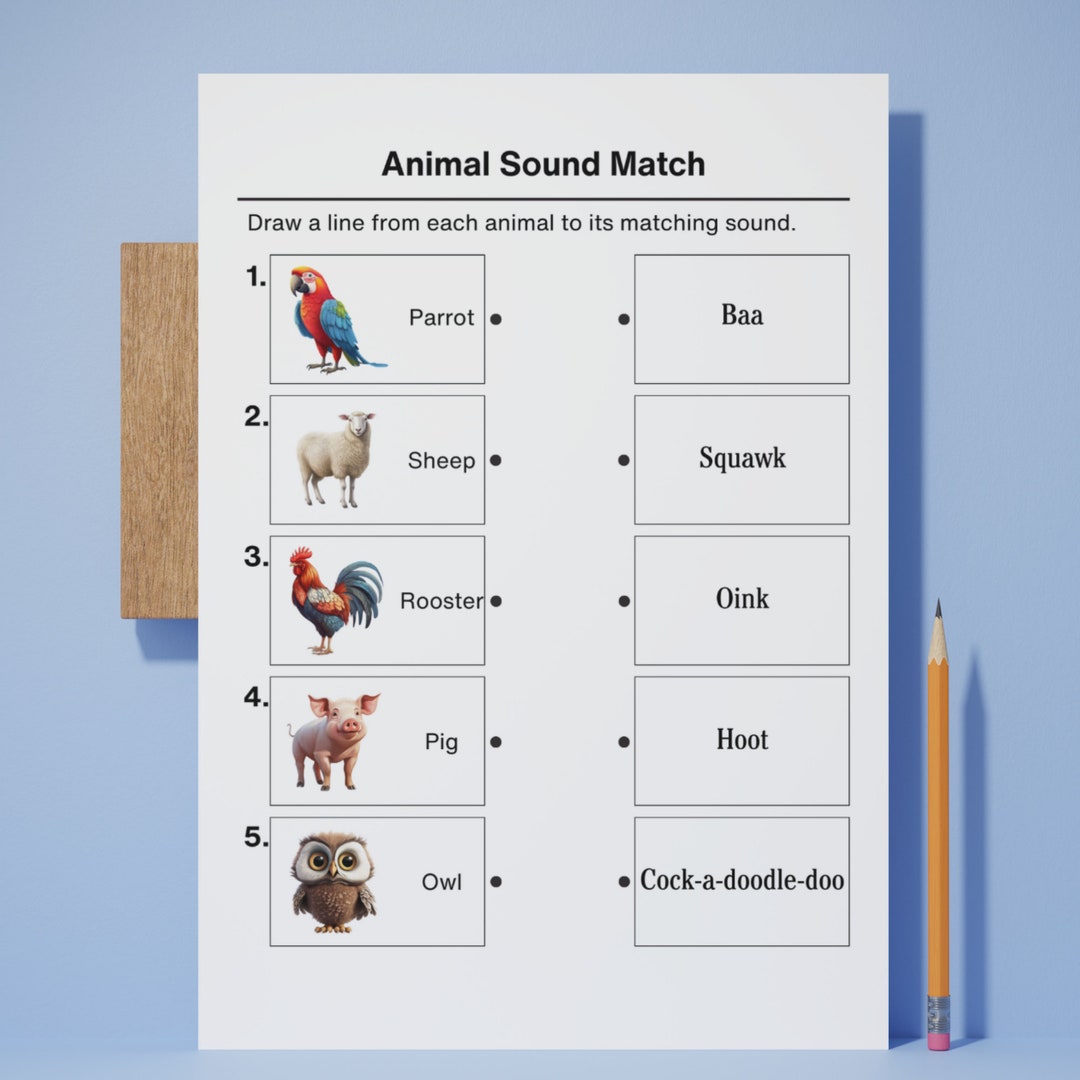 Animal Sound Matching Worksheet for Kids With Digital Animal Printable ...