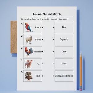 Animal Sound Matching Worksheet for Kids With Digital Animal Printable ...