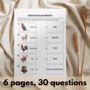 Animal Sound Matching Worksheet for Kids With Digital Animal Printable ...