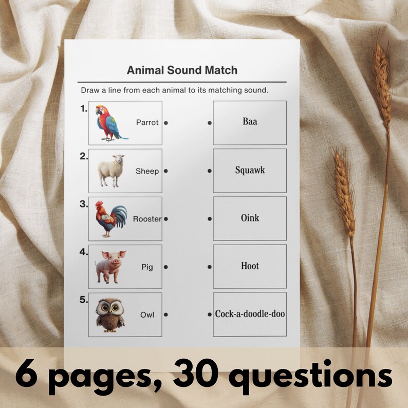 Animal Sound Matching Worksheet for Kids With Digital Animal Printable ...