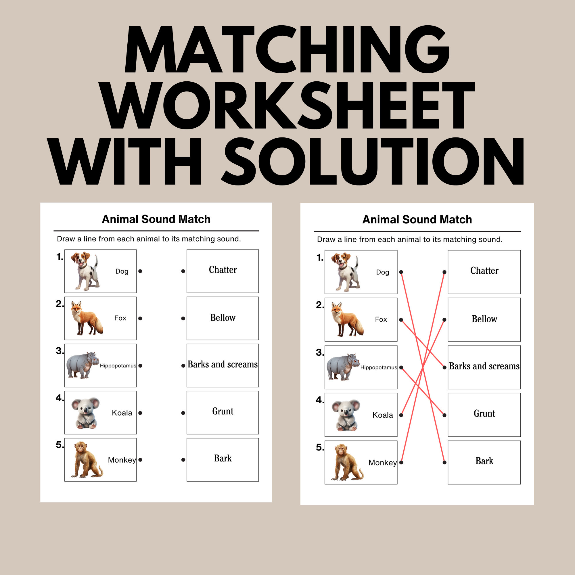 Animal Sound Matching Worksheet for Kids With Digital Animal Printable ...