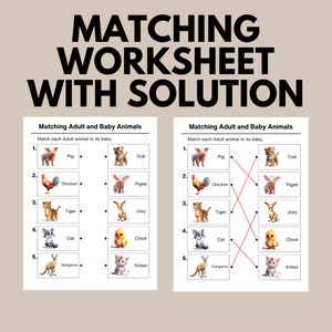 Baby Animal Matching Worksheet for Kids With Digital Animal Printable ...