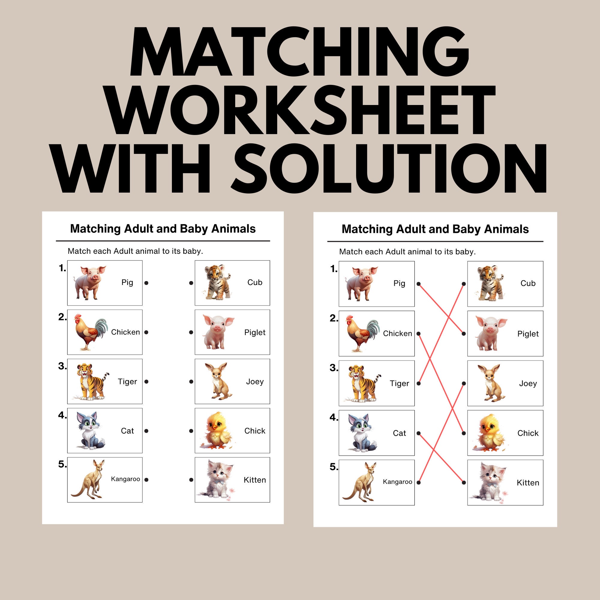 Baby Animal Matching Worksheet for Kids With Digital Animal Printable ...