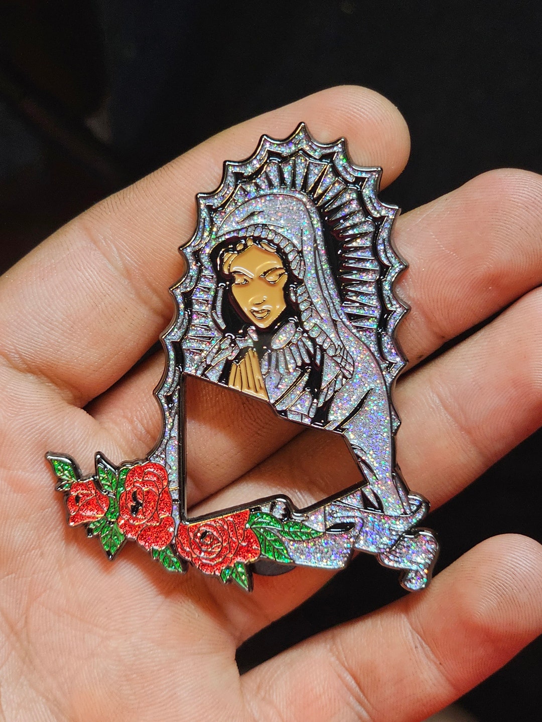 Virgin Mary White Glitter Pin - Etsy