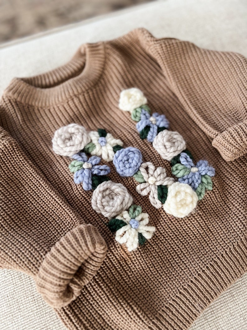Hand Embroidered Flower Initial Knit Sweater Milestone Letter Sweater ...