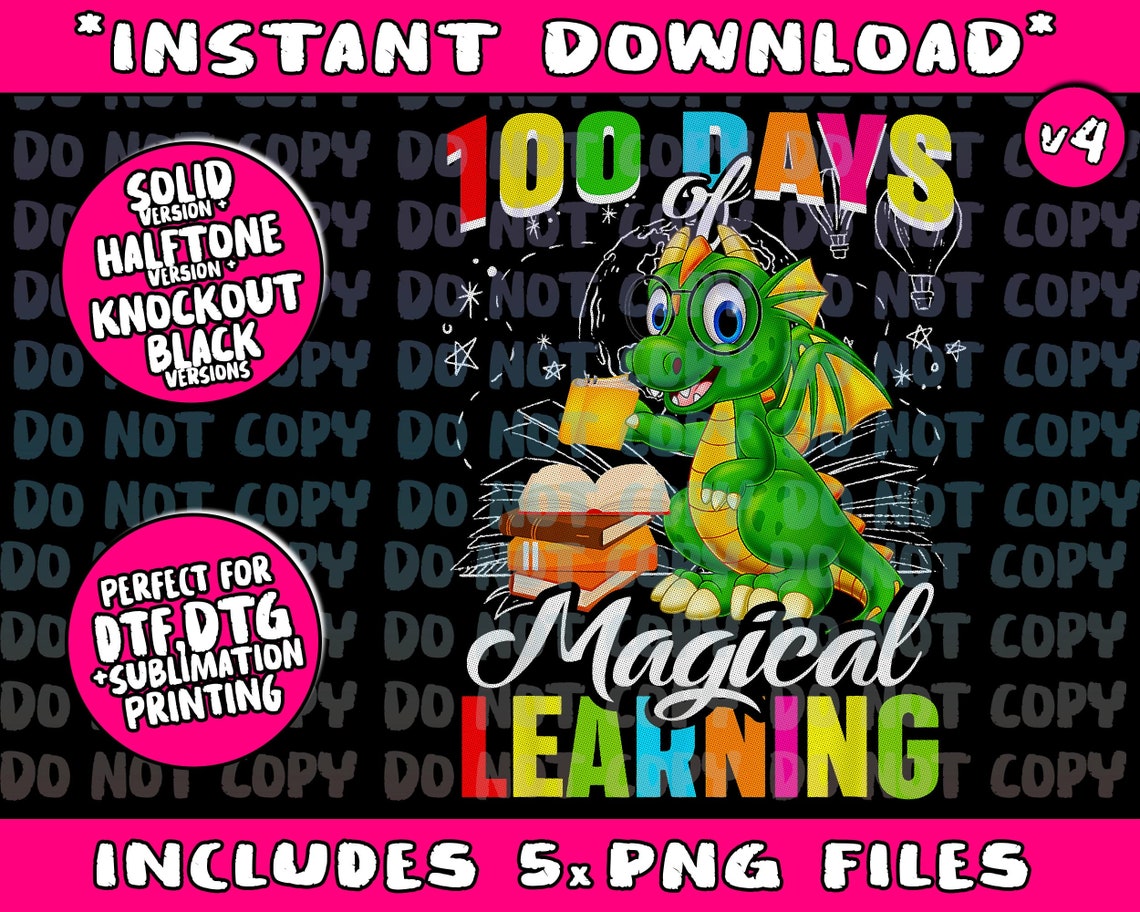 100 Days of School Magical Learning Dragon Book Teacher Kid Png Bundle ...