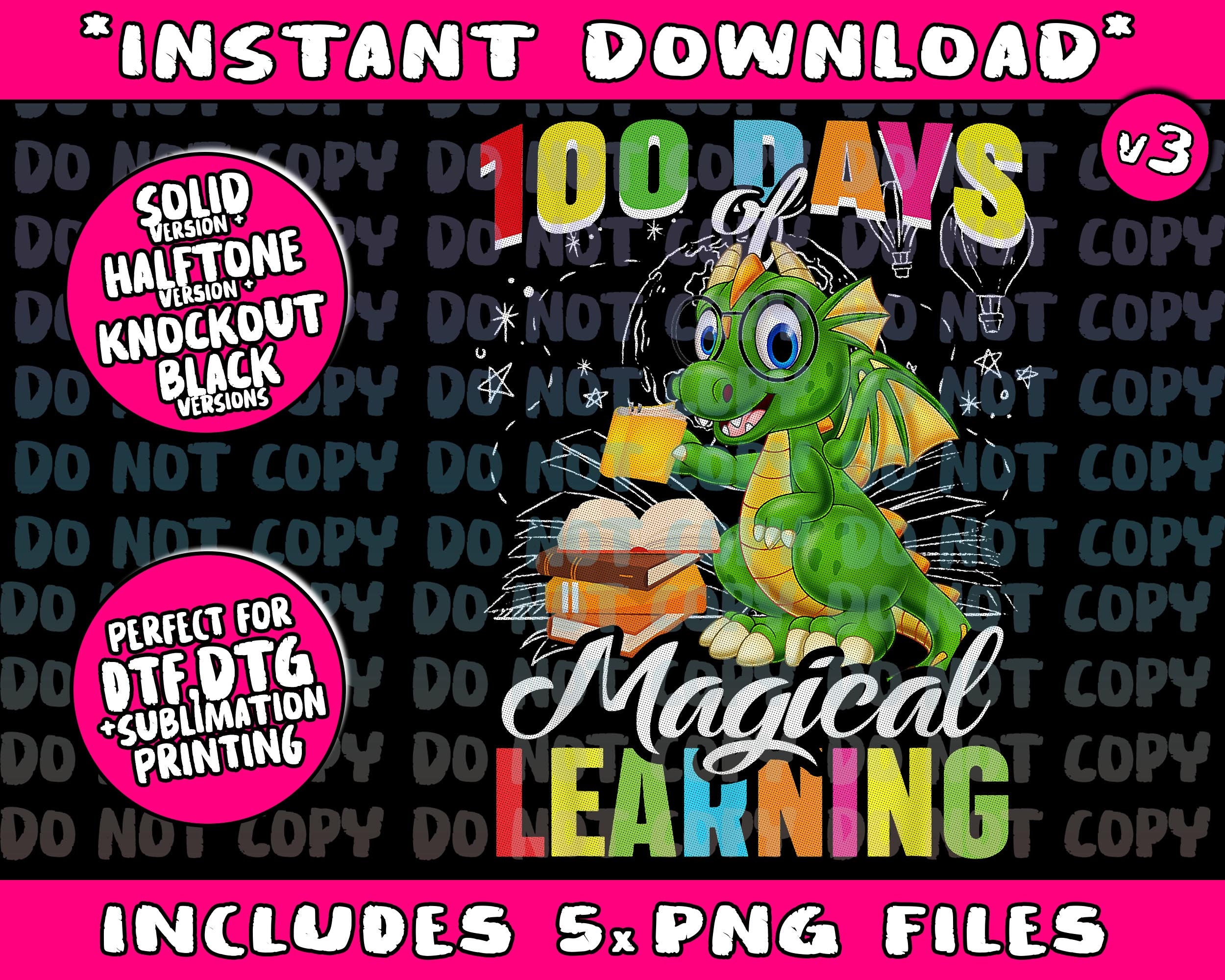 100 Days of School Magical Learning Dragon Book Teacher Kid Png Bundle ...