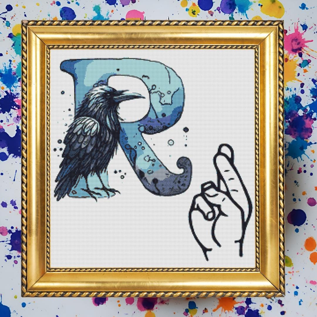 Raven Alphabet Cross Stitch Pattern PDF | ASL Sign Language Letter R ...