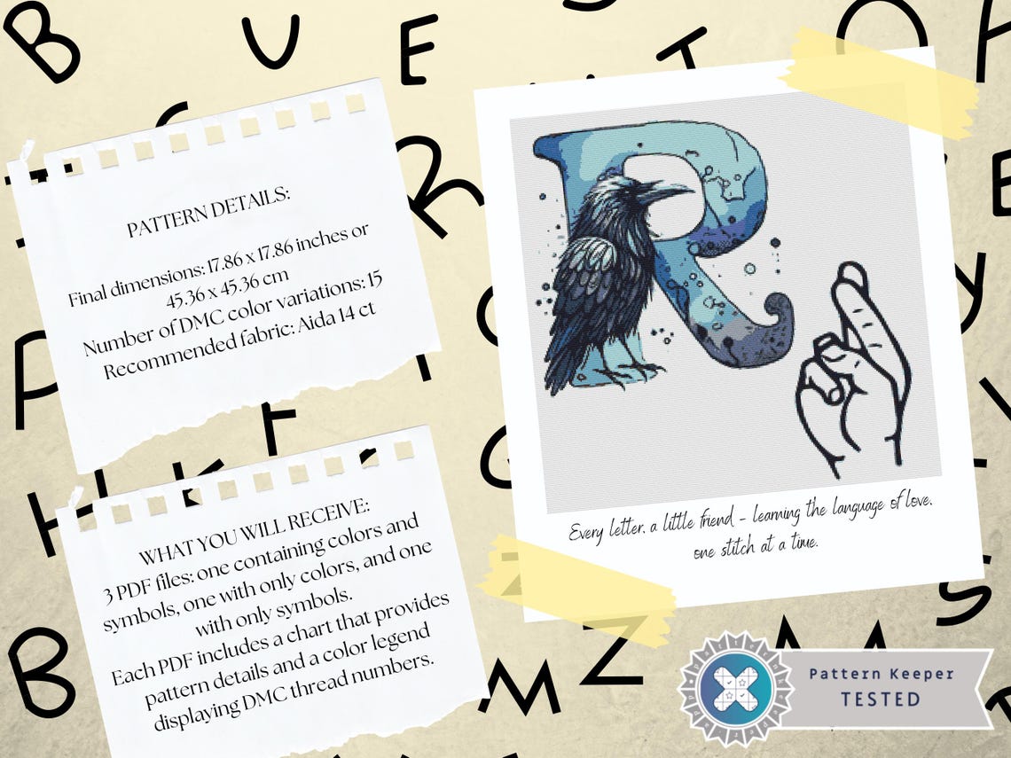 Raven Alphabet Cross Stitch Pattern PDF | ASL Sign Language Letter R ...