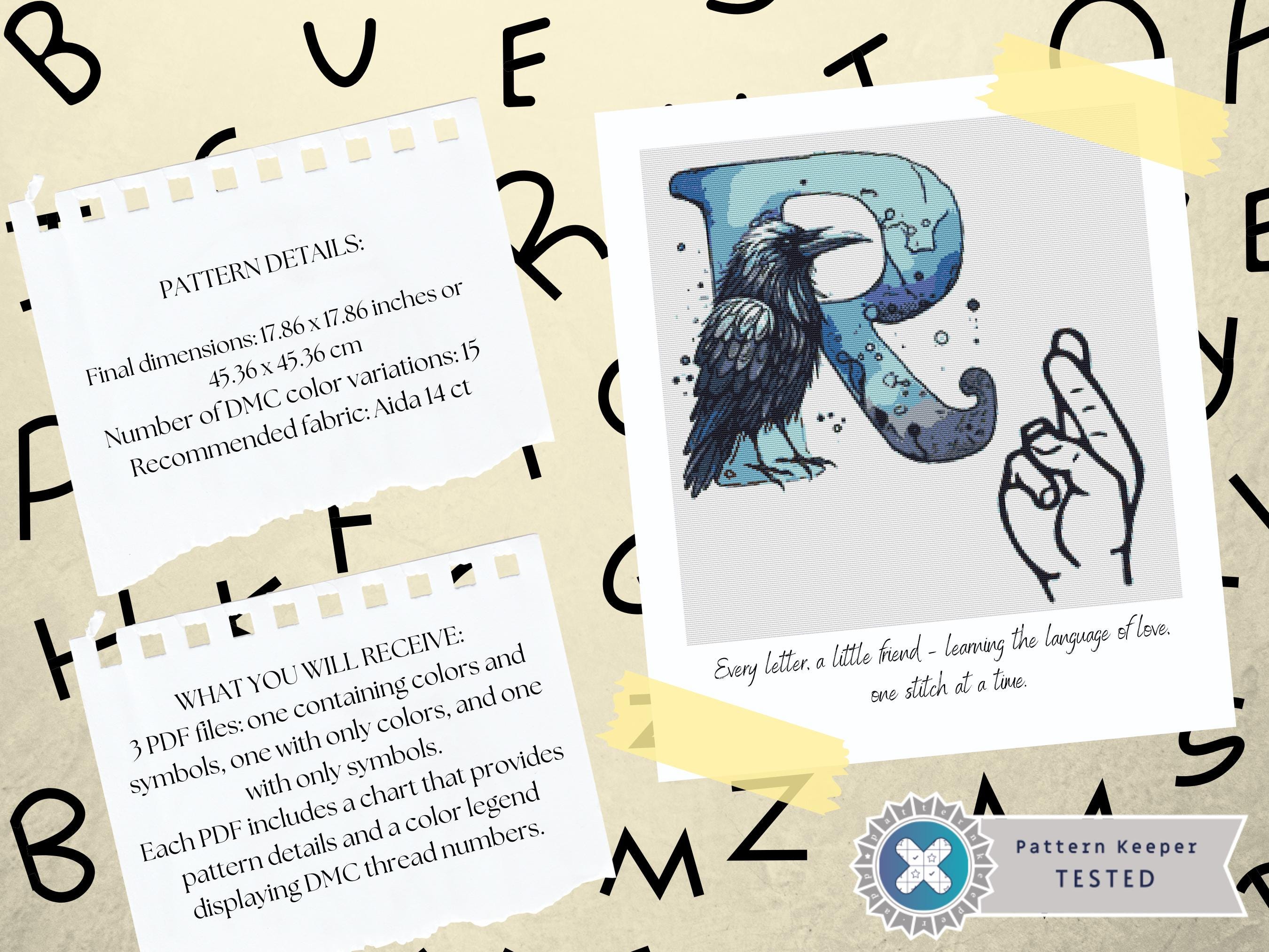 Raven Alphabet Cross Stitch Pattern PDF | ASL Sign Language Letter R ...