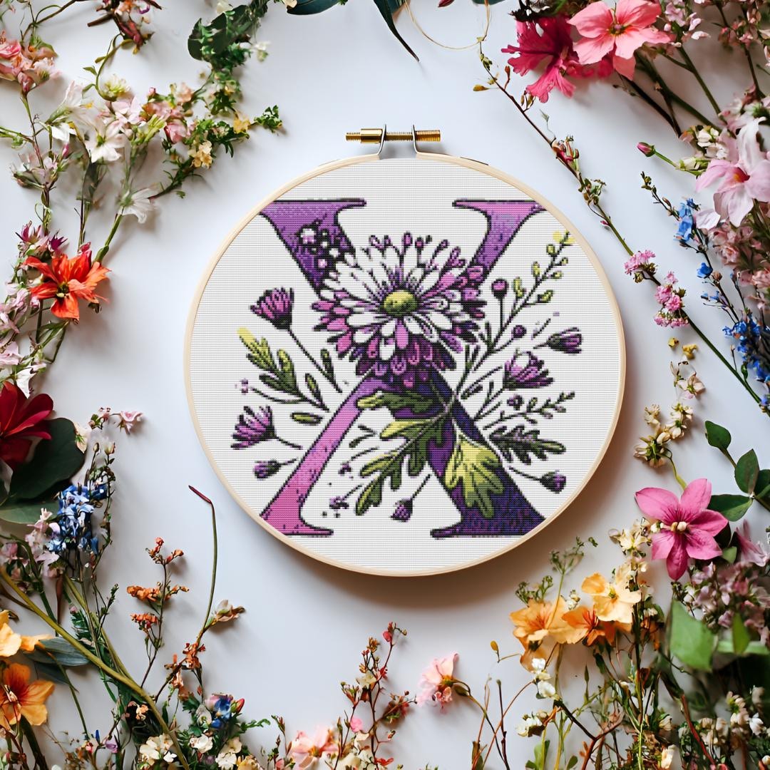 Xeranthemum Flower Monogram Cross Stitch Pattern Elegant Floral Letter ...