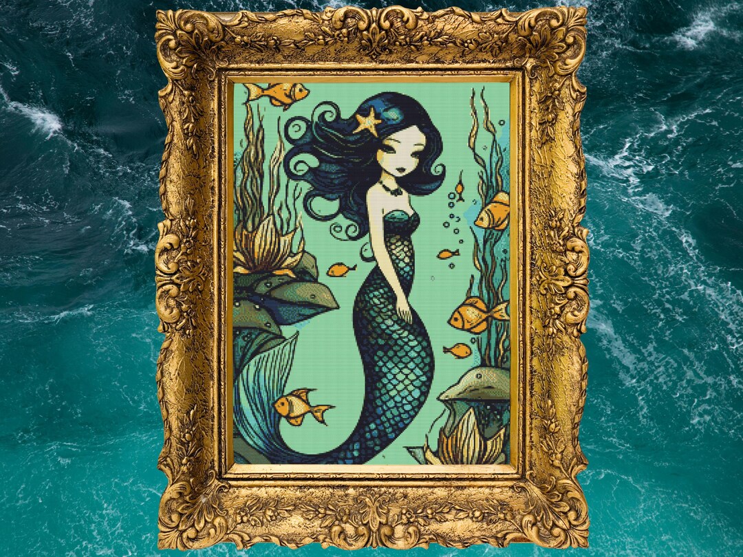 Dark-haired Mermaid Cross Stitch Pattern Underwater Fantasy Design ...