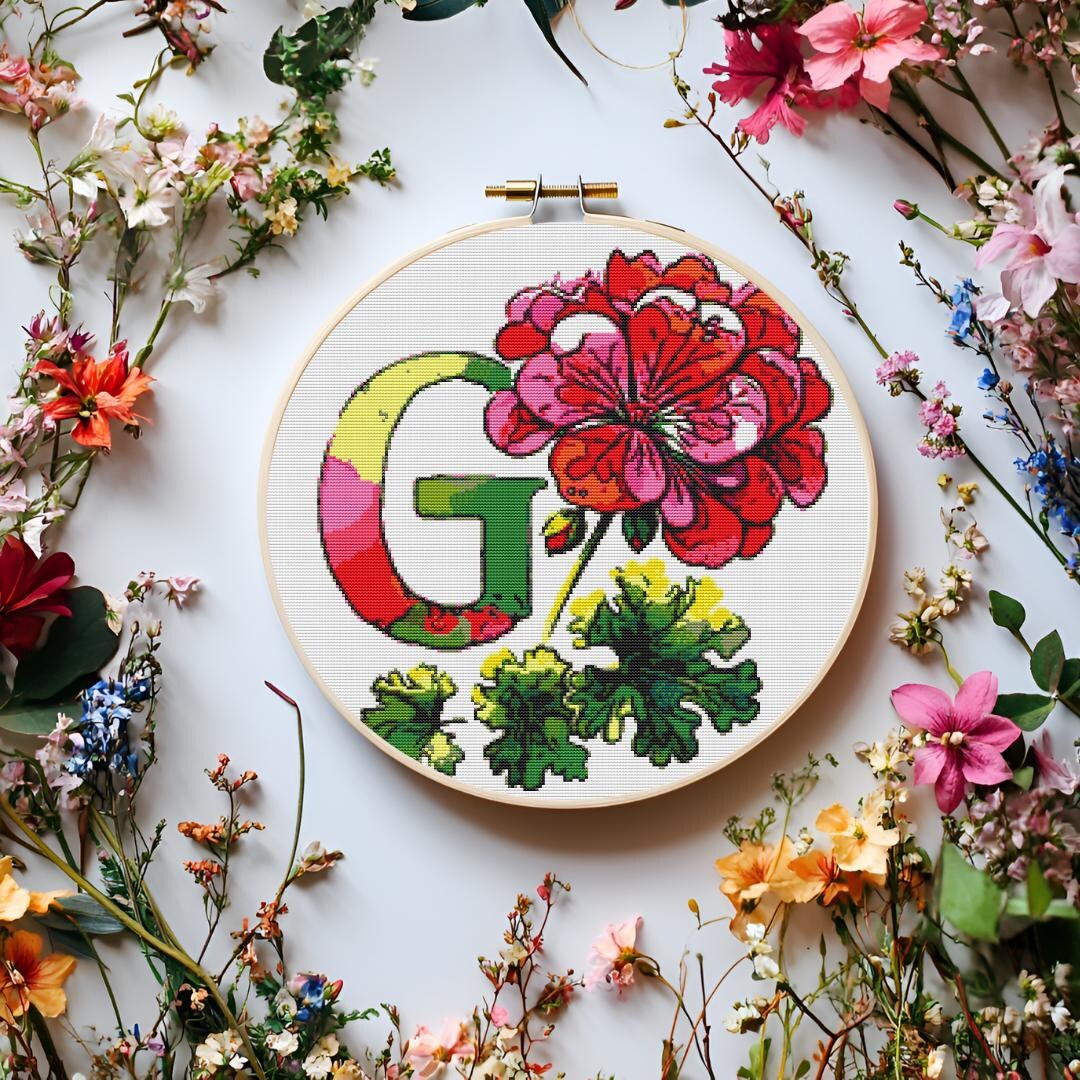 Geranium Monogram Cross Stitch Pattern – Vibrant Floral Letter G Design ...