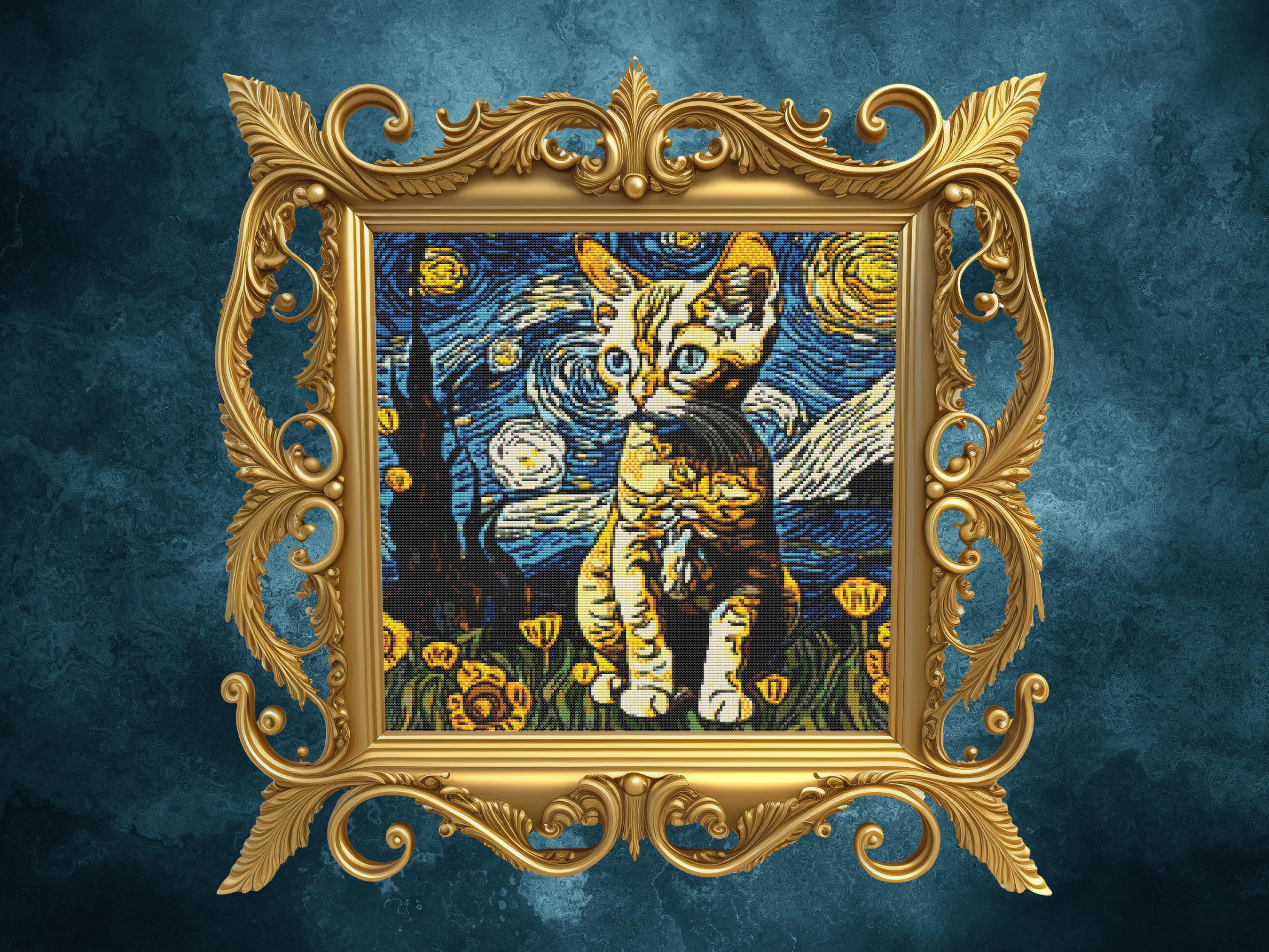 The Starry Night Painting Devon Rex Cat Cross Stitch - Van Gogh ...
